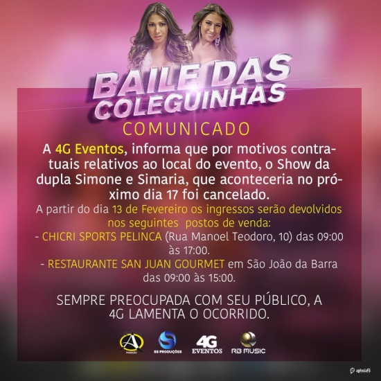 'Baile das Coleguinhas': Show da dupla Simone e Simaria é cancelado em ...