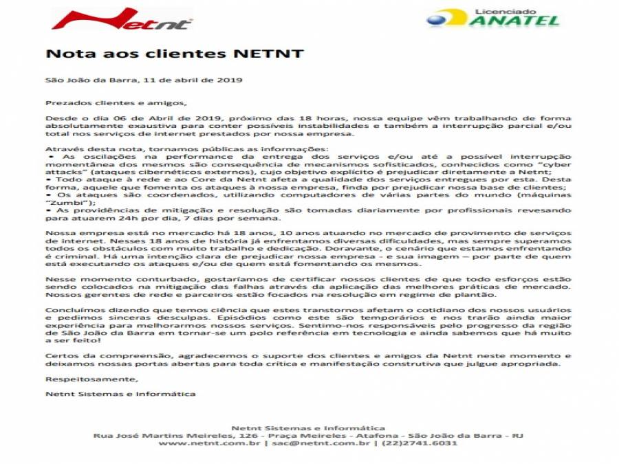 NetNT emite nota oficial aos clientes - Portal OZK
